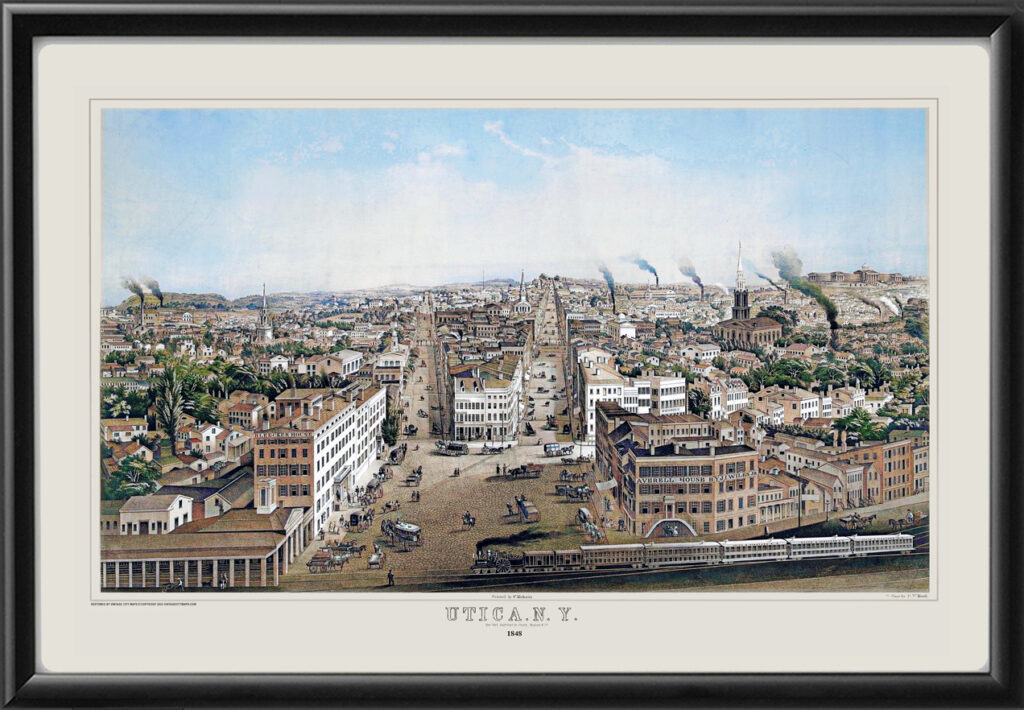 Utica NY 1848 (Color) - Vintage City Maps, Restored Bird's Eye View