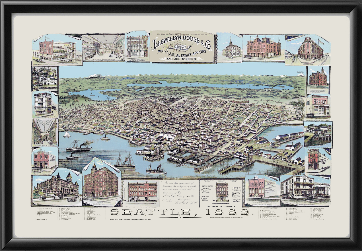 Seattle WA 1889 (Color) Restored Bird's Eye View Map | Vintage City Maps