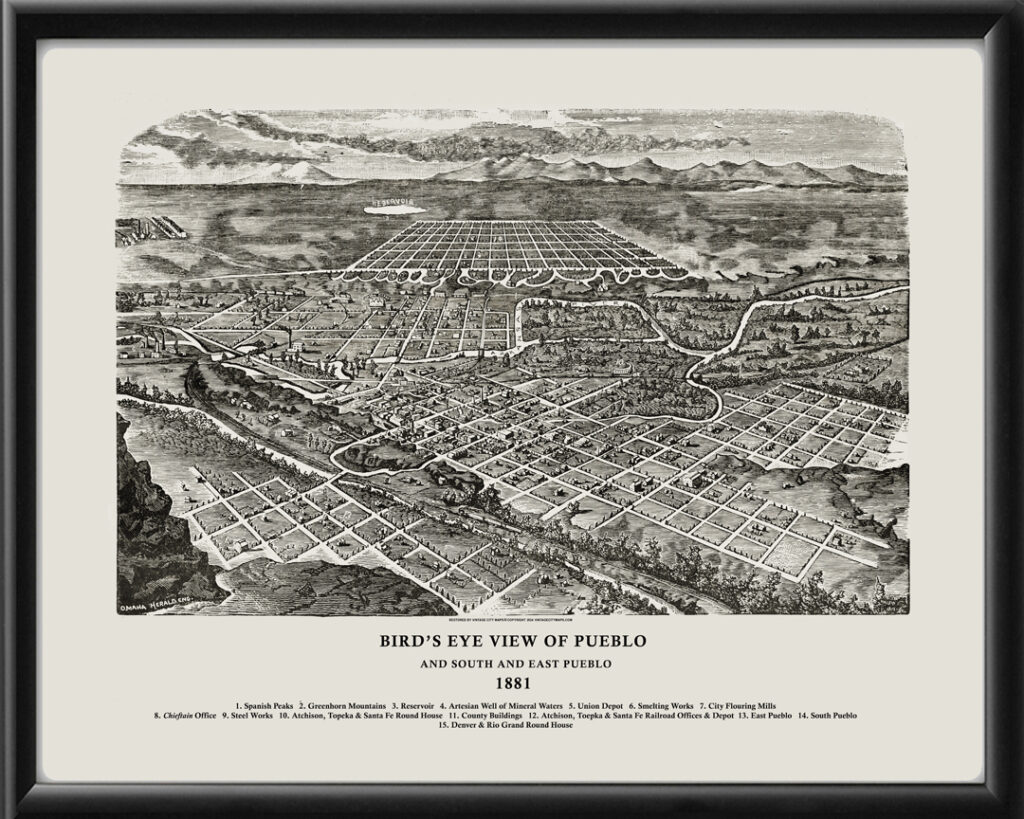 Pueblo Colorado 1874 - Vintage City Maps, Restored City Maps