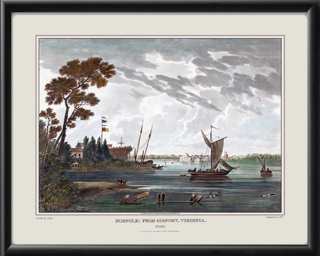 Norfolk, from Gosport, Virginia 1820 - Vintage City Maps, Restored Views