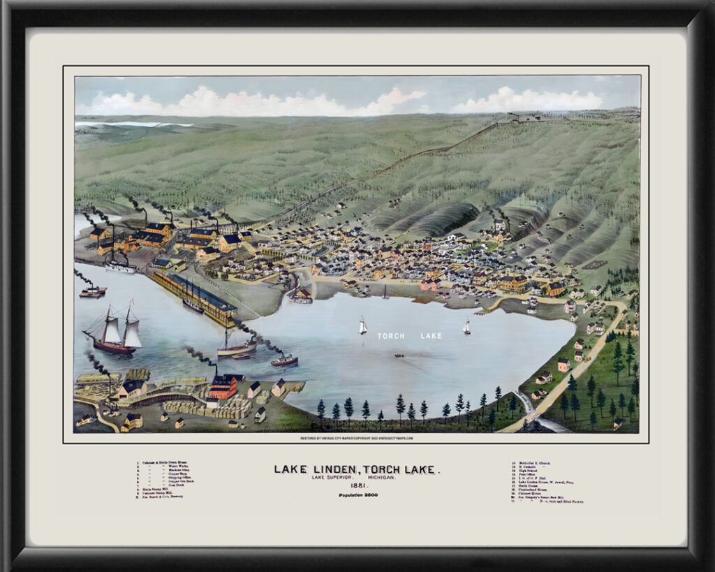 Lake Linden on Torch Lake, MI 1881 Restored Map | Vintage City Maps