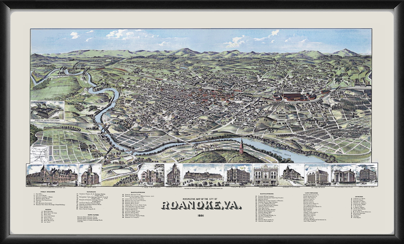 Roanoke VA 1891 (Color) Restored Map | Vintage City Maps