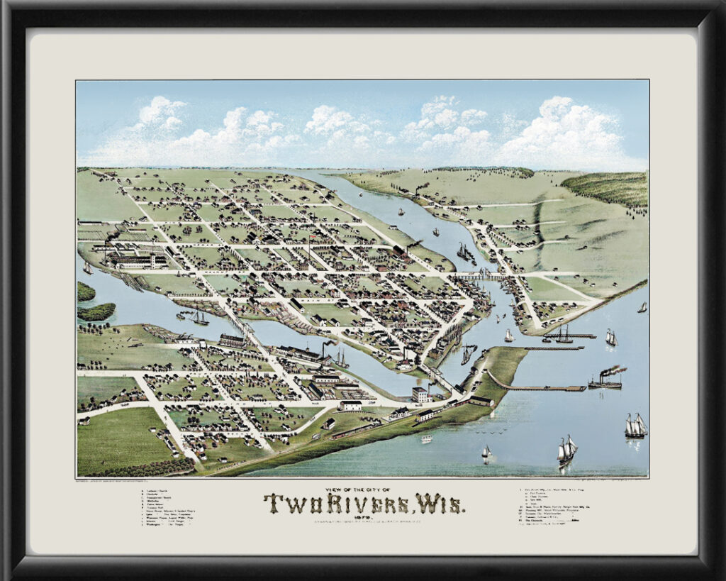 Restored bird's eye view map of Two Rivers, Wisconsin, 1879