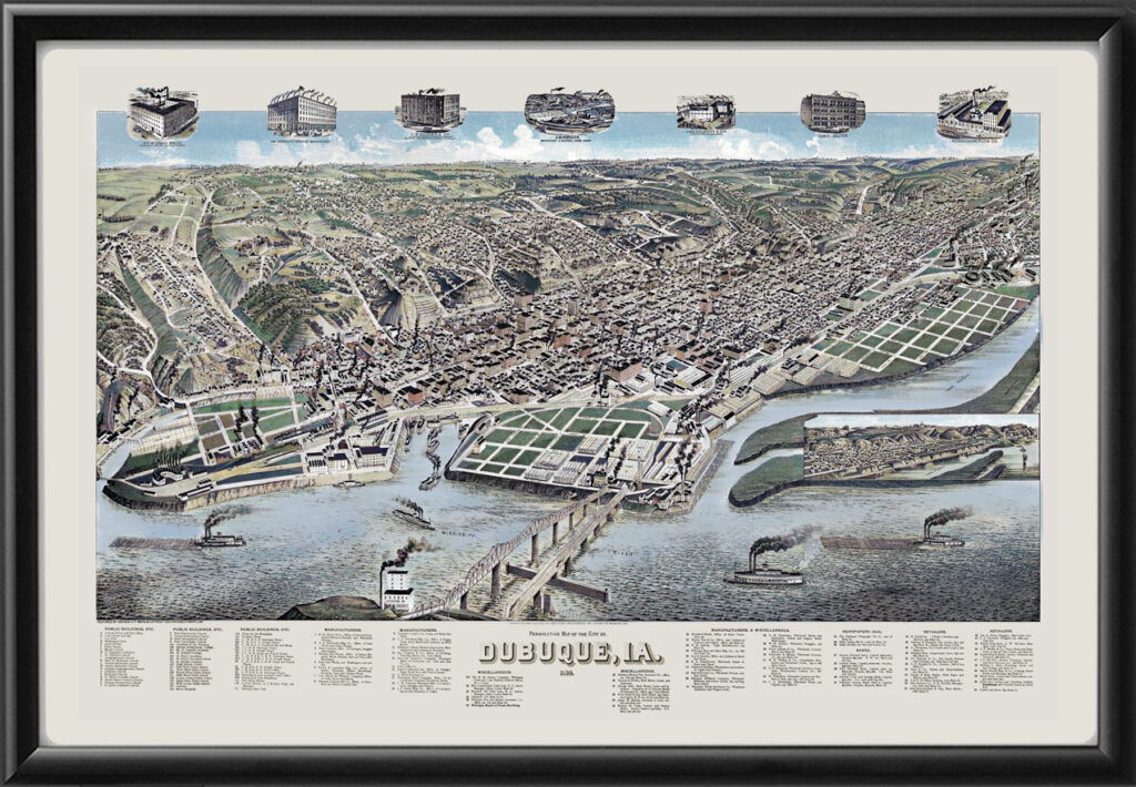 Dubuque, IA 1889 - Vintage City Maps - Restored Bird's Eye Views