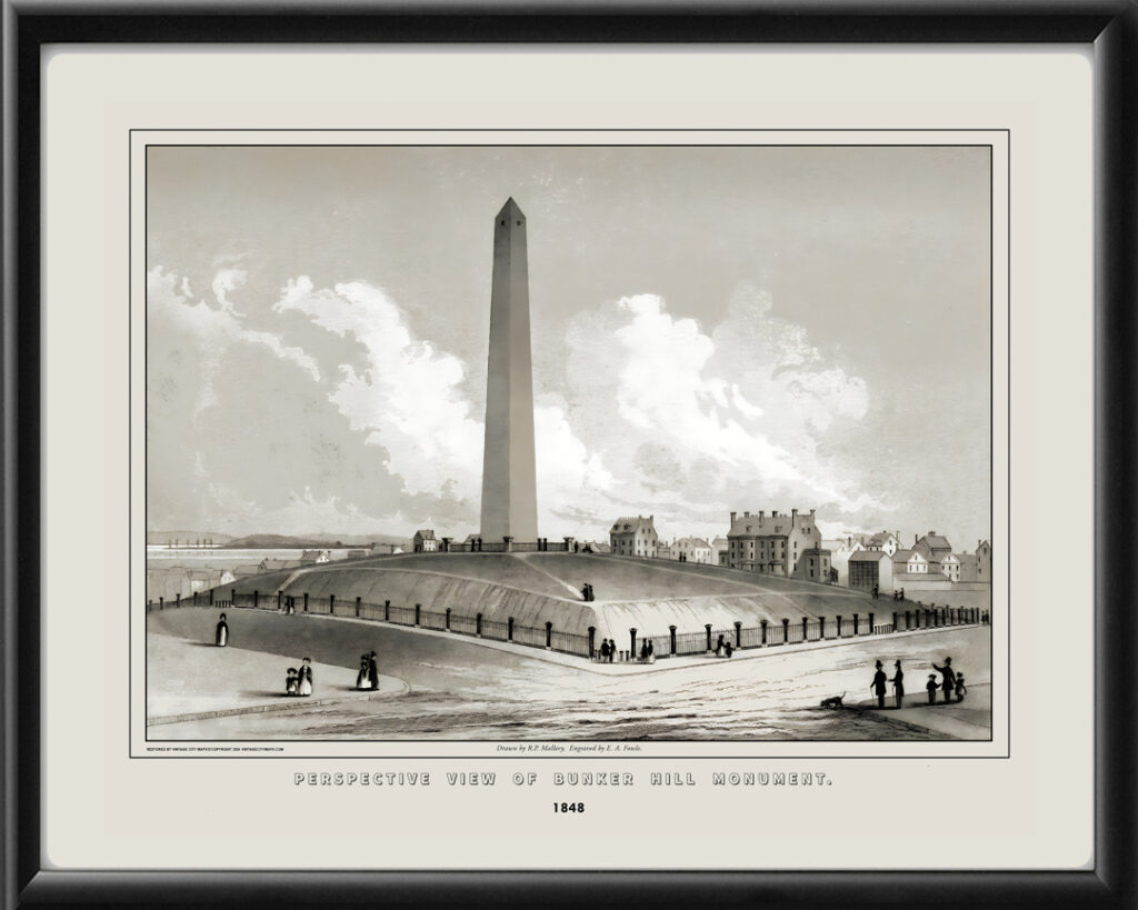 Boston MA 1848 - Bunker Hill Monument - Restored Bird's Eye View