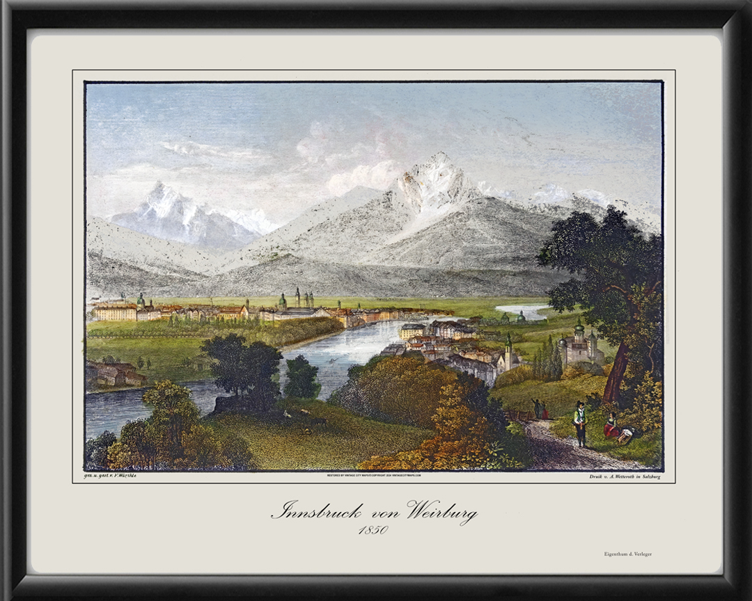 Innsbruck, Austria 1850 Restored Map | Vintage City Maps