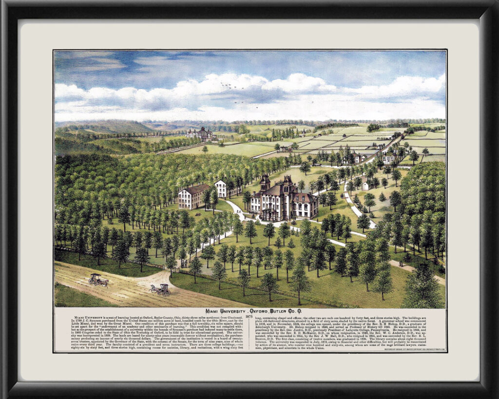 Miami University - Oxford, OH 1875 (Color) Restored Map | Vintage City Maps
