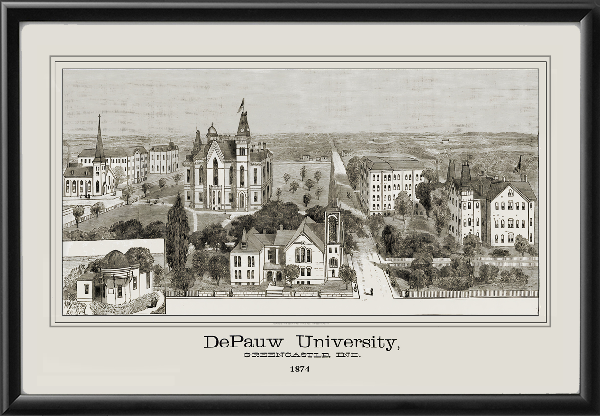 Depauw University - Greencastle IN 1874 Restored Map | Vintage City Maps