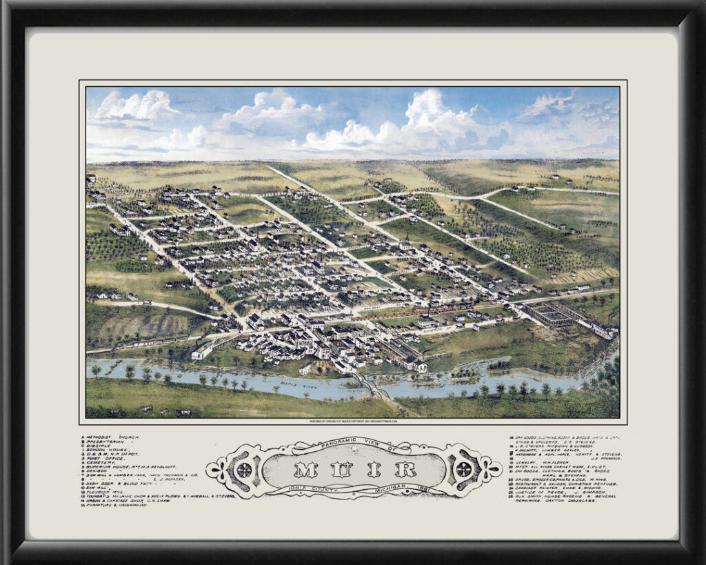 Muir, Michigan 1881 - Restored Bird's Eye View Map | Vintage City Maps
