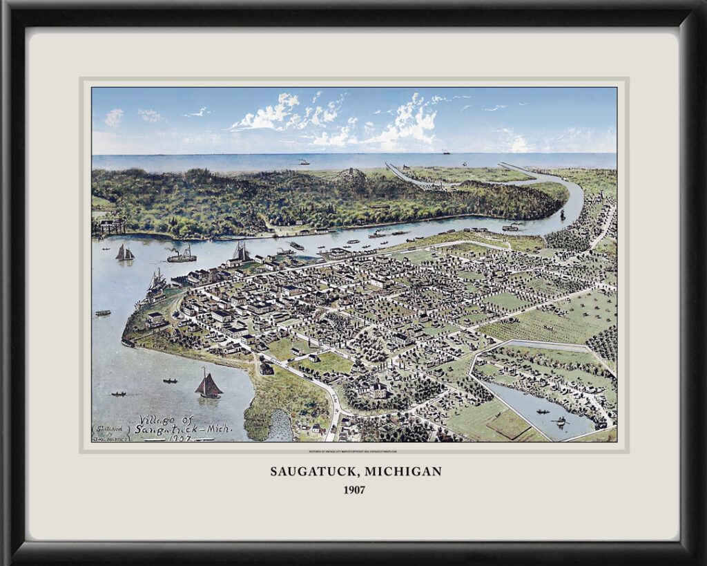 Saugatuck MI 1907 (Color) - Restored Bird's Eye View Map | Vintage City ...