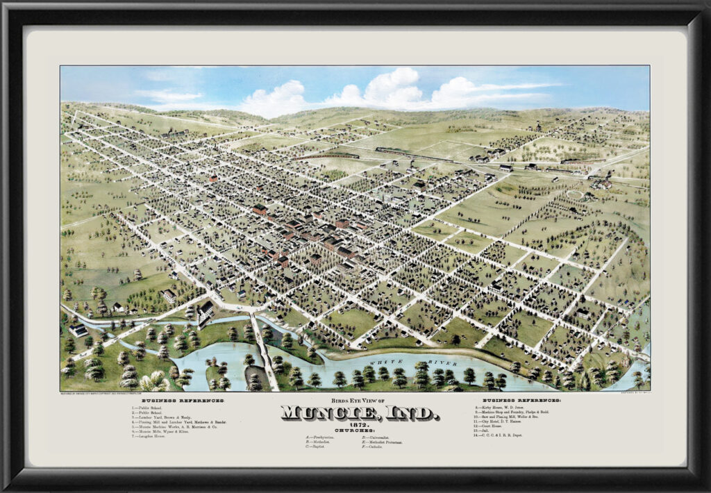 Muncie IN 1872 (Color) | Vintage City Maps - Restored Bird's Eye Views