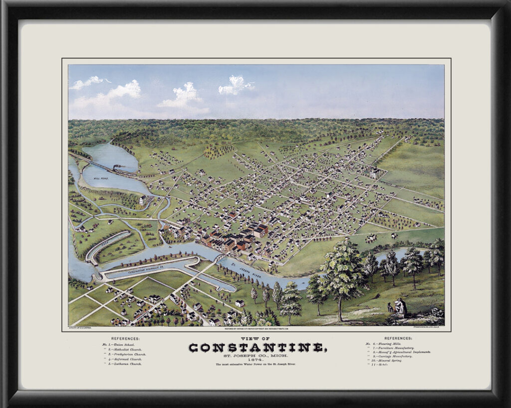 Constantine MI 1874 (Color) - Restored Bird's Eye View Map | Vintage ...