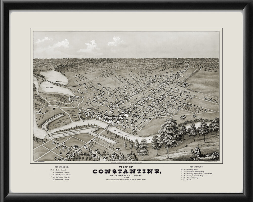 Constantine MI 1874 - Restored Bird's Eye View Map | Vintage City Maps