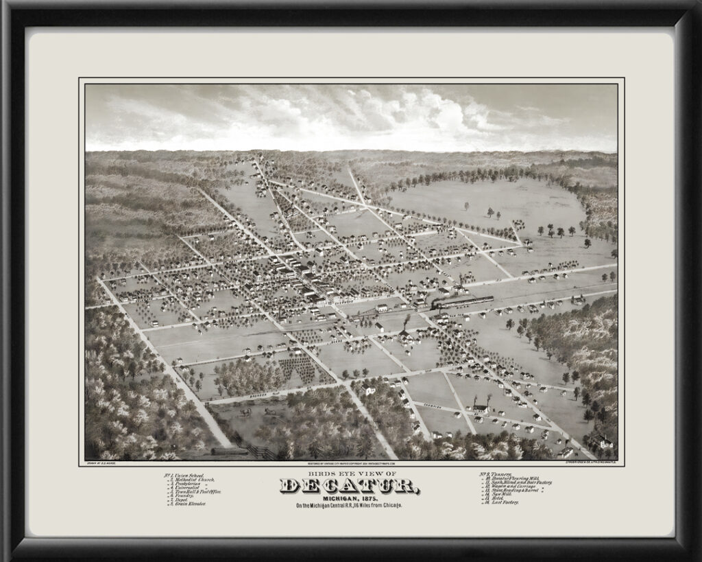 Decatur, Michigan 1875 - Restored Bird's Eye View Map | Vintage City Maps