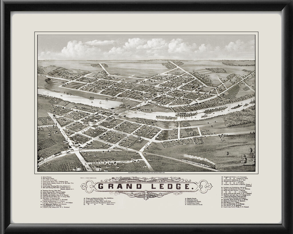 Grand Ledge, MI 1881 - Restored Bird's Eye View Map | Vintage City Maps