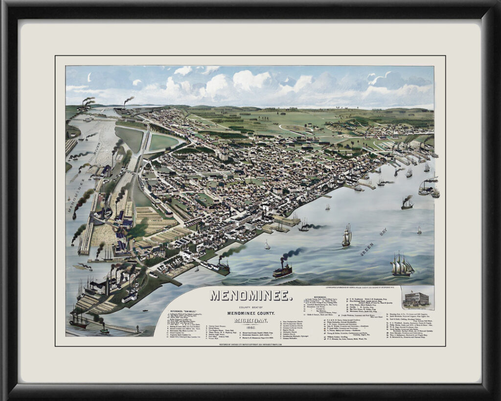 Menominee MI 1860 - Restored Bird's Eye View Map | Vintage City Maps
