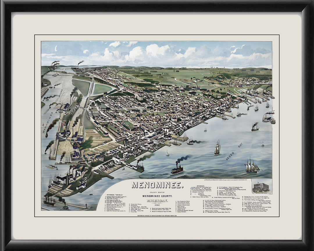 Menominee MI 1860 - Restored Bird's Eye View Map | Vintage City Maps