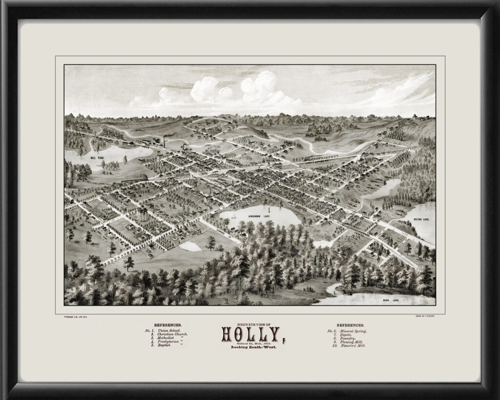 Holly, Michigan 1873 - Restored Bird's Eye View Map | Vintage City Maps