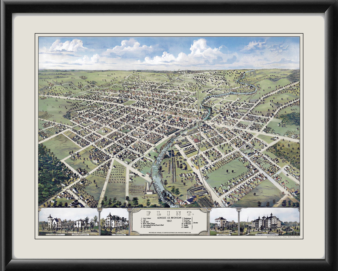 Flint, Michigan 1867 (Color) - Restored Bird's Eye View Map | Vintage ...