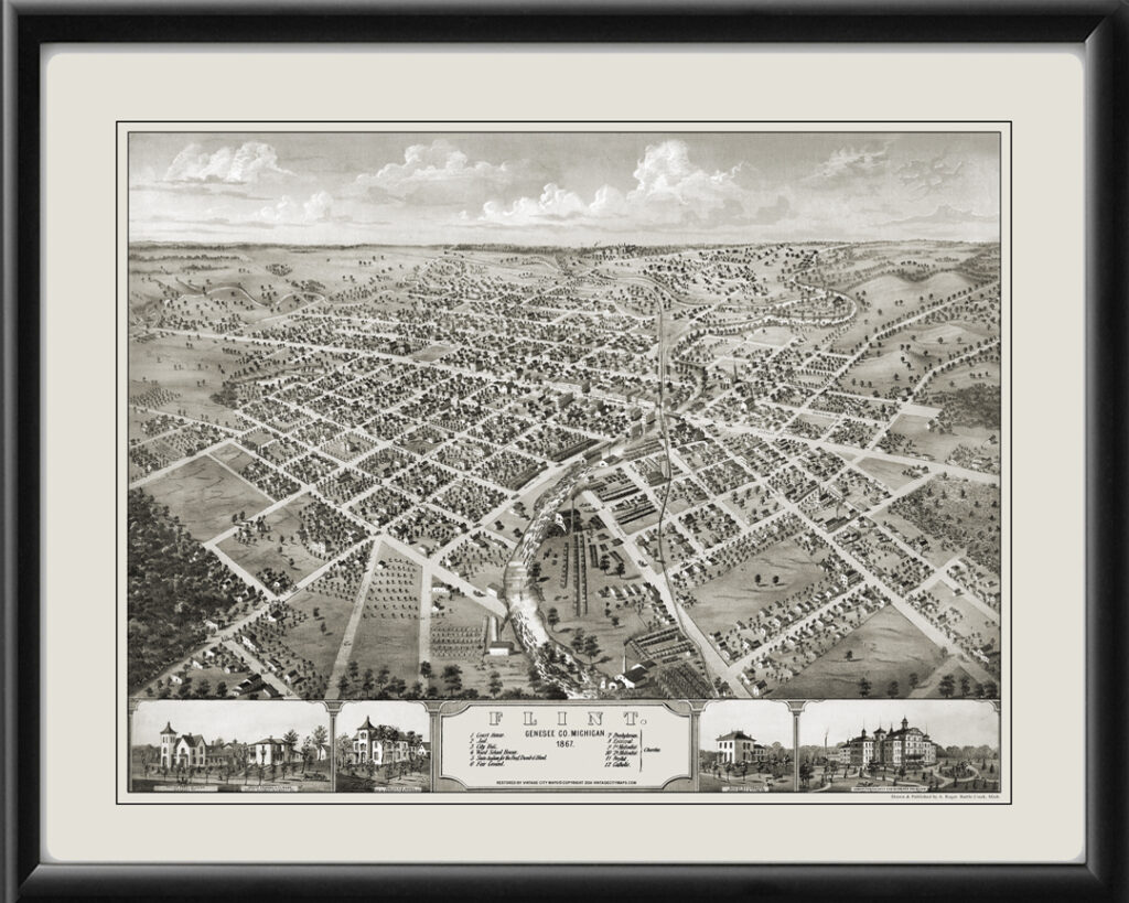 Flint, Michigan 1867 - Restored Bird's Eye View Map | Vintage City Maps