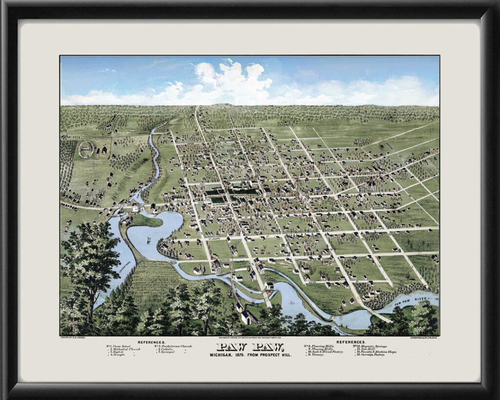 Paw Paw, Michigan 1875 (Color) - Restored Bird's Eye View Map | Vintage City Maps