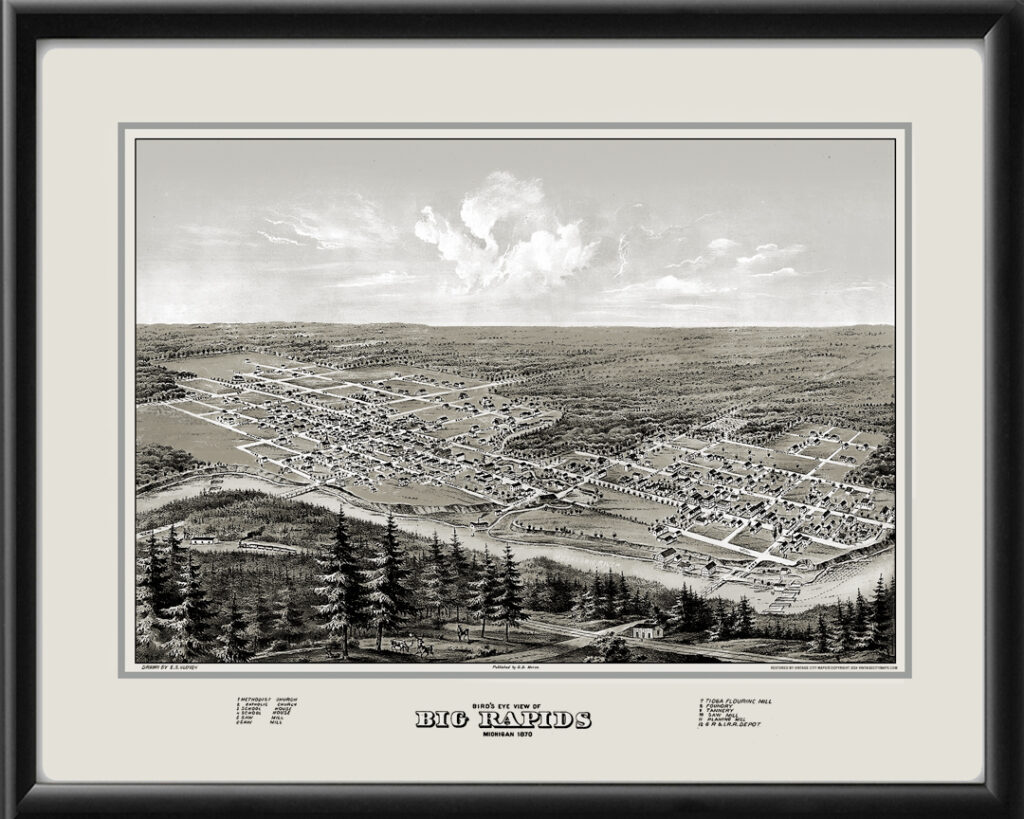 Big Rapids MI 1870 - Restored Bird's Eye View Map | Vintage City Maps