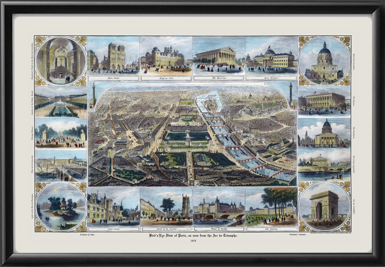 Paris, France - 1870 Restored Bird's Eye View -Vintage City Maps