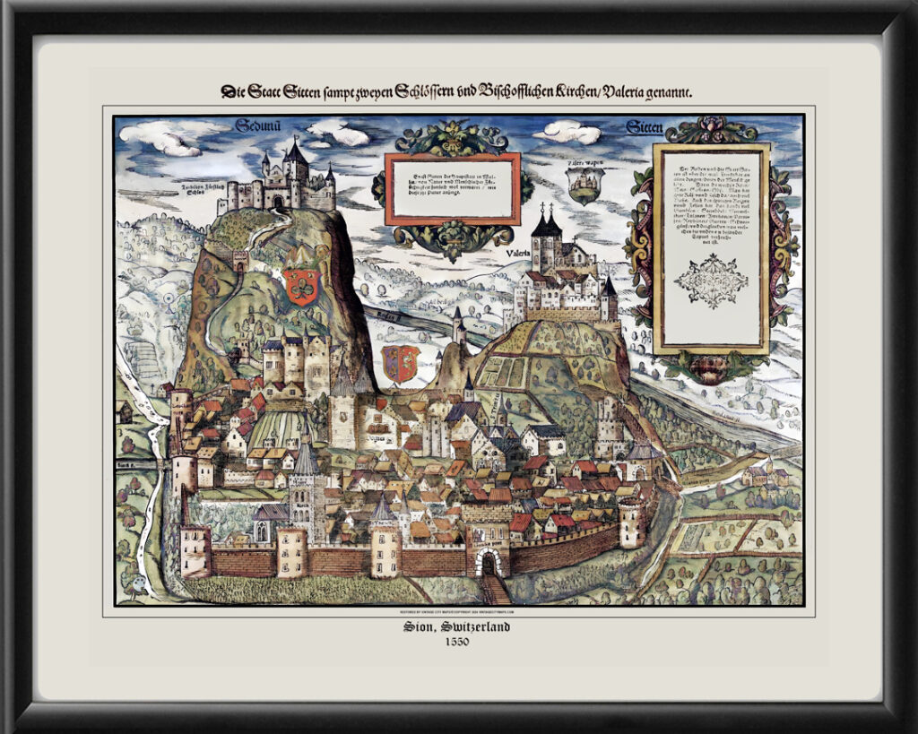Sion (Sitten) Switzerland 1550 - Vintage City Maps, Restored Views