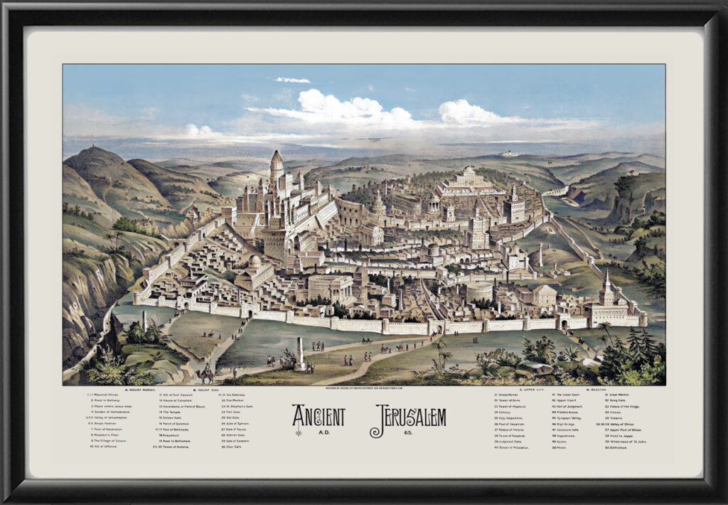 Bird's eye view of Ancient Jerusalem in 65 AD - Vintage City Maps