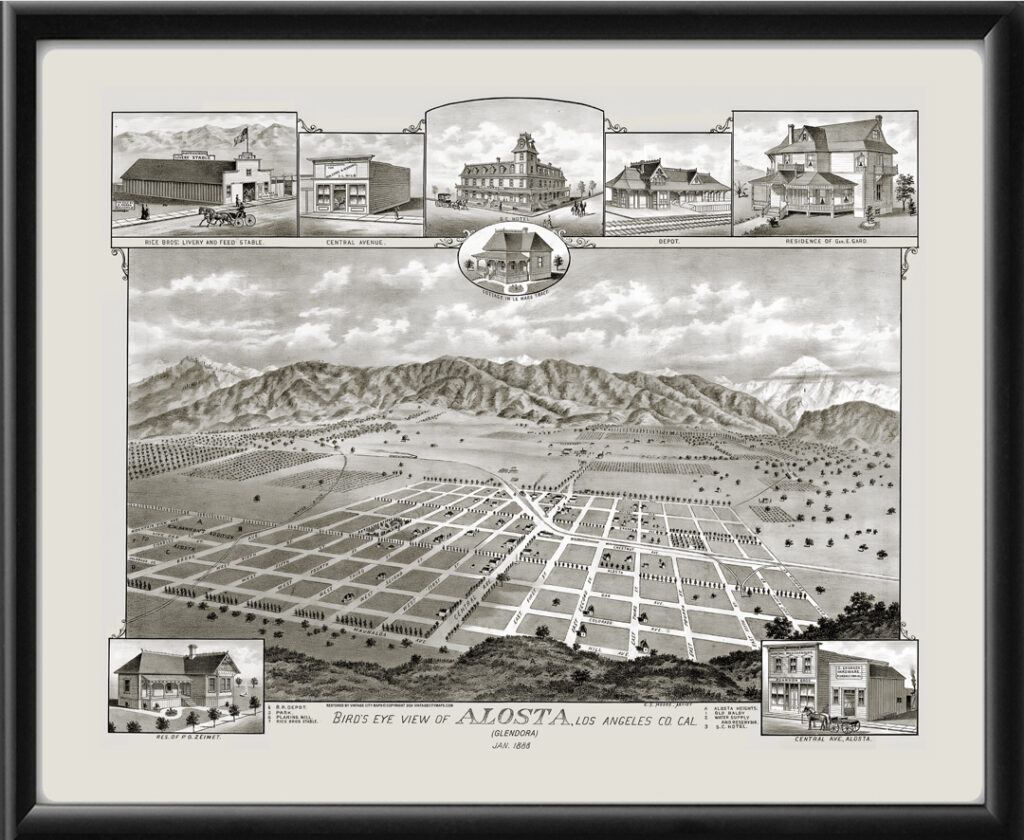 Glendora (Alosta) CA 1888 Restored Bird's Eye View Map | Vintage City Maps