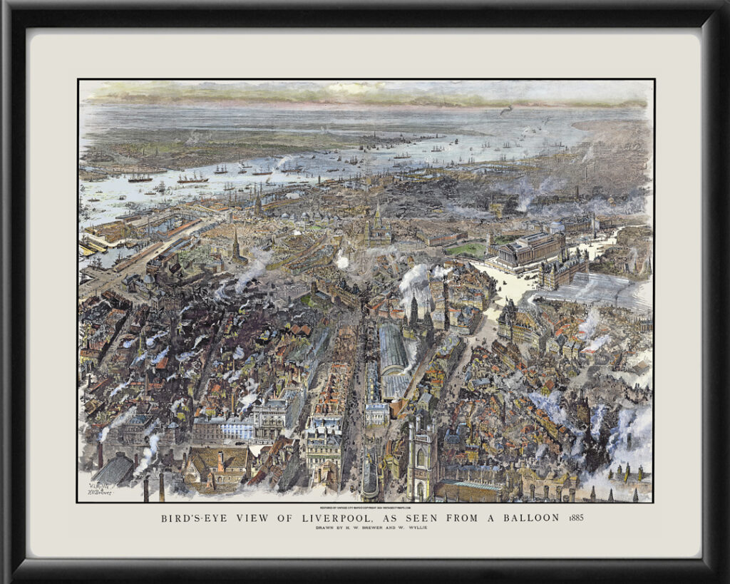Bird's Eye View of Liverpool, England 1885 - Vintage City Maps