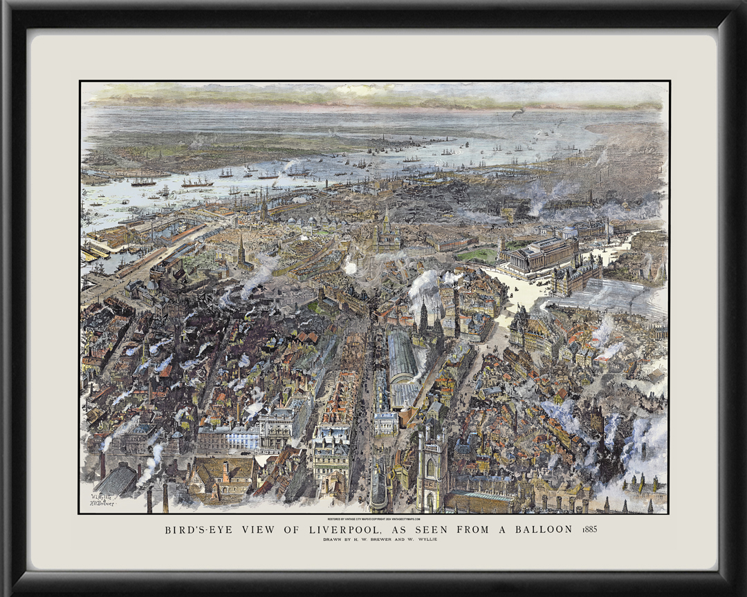 Bird's Eye View of Liverpool, England 1885 - Vintage City Maps