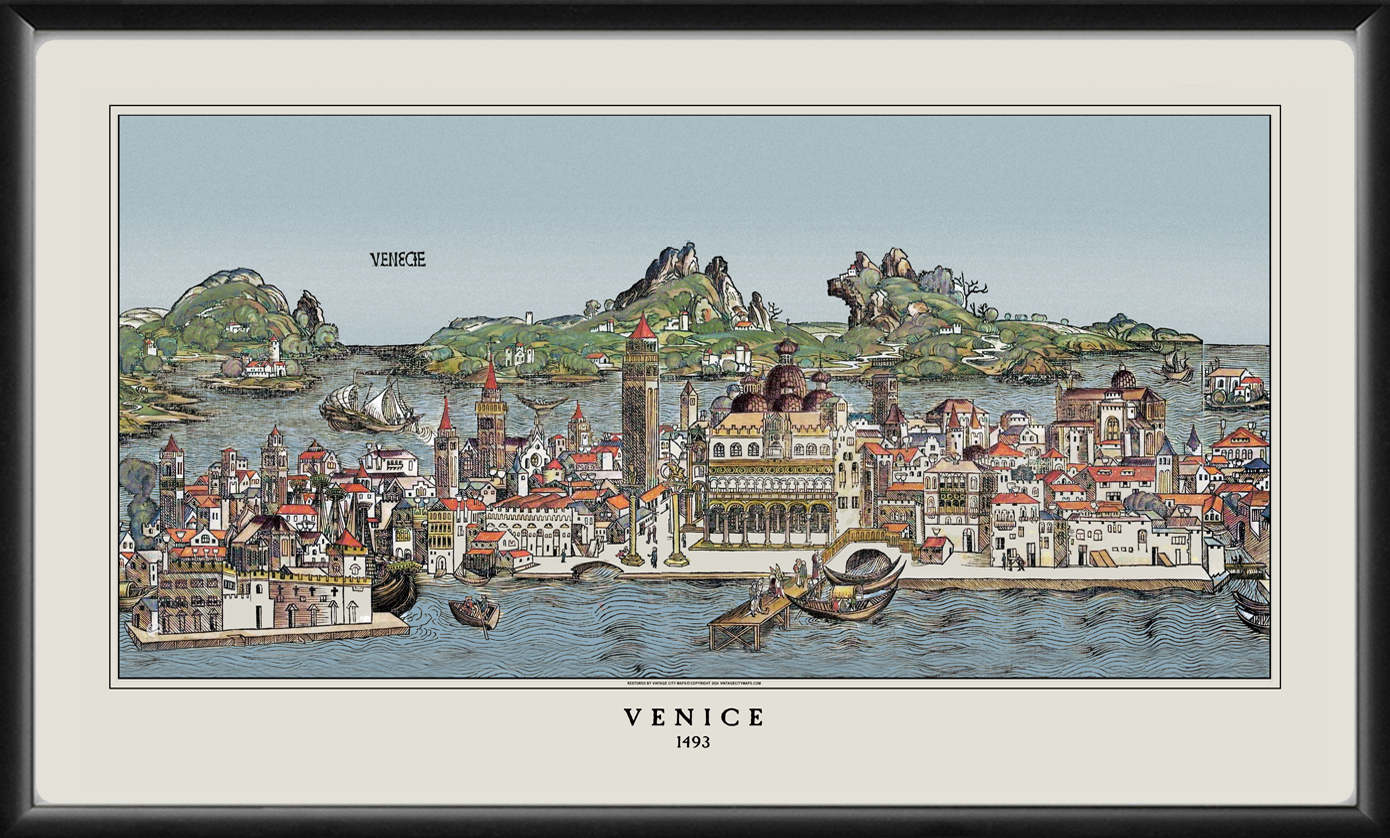 Venice Italy 1493 - Restored Panoramic View | Vintage City Maps