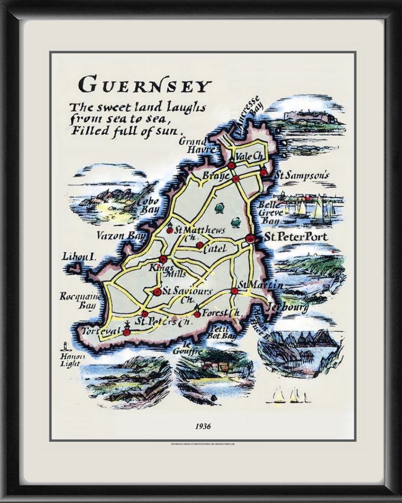 Guernsey Island 1936 Restored Map | Vintage City Maps