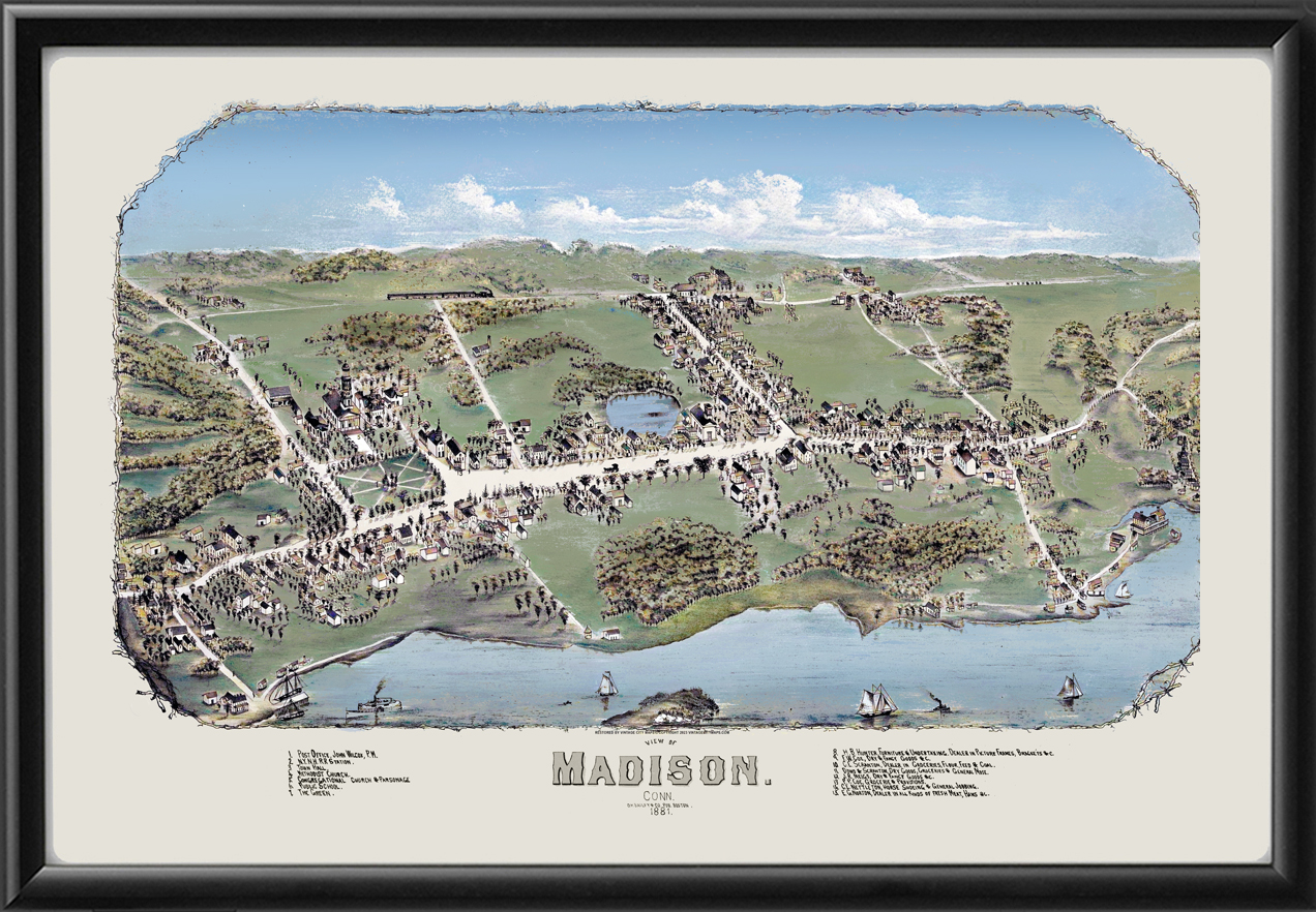 Vintage City Maps - Restored bird's eye view of Madison, CT 1881