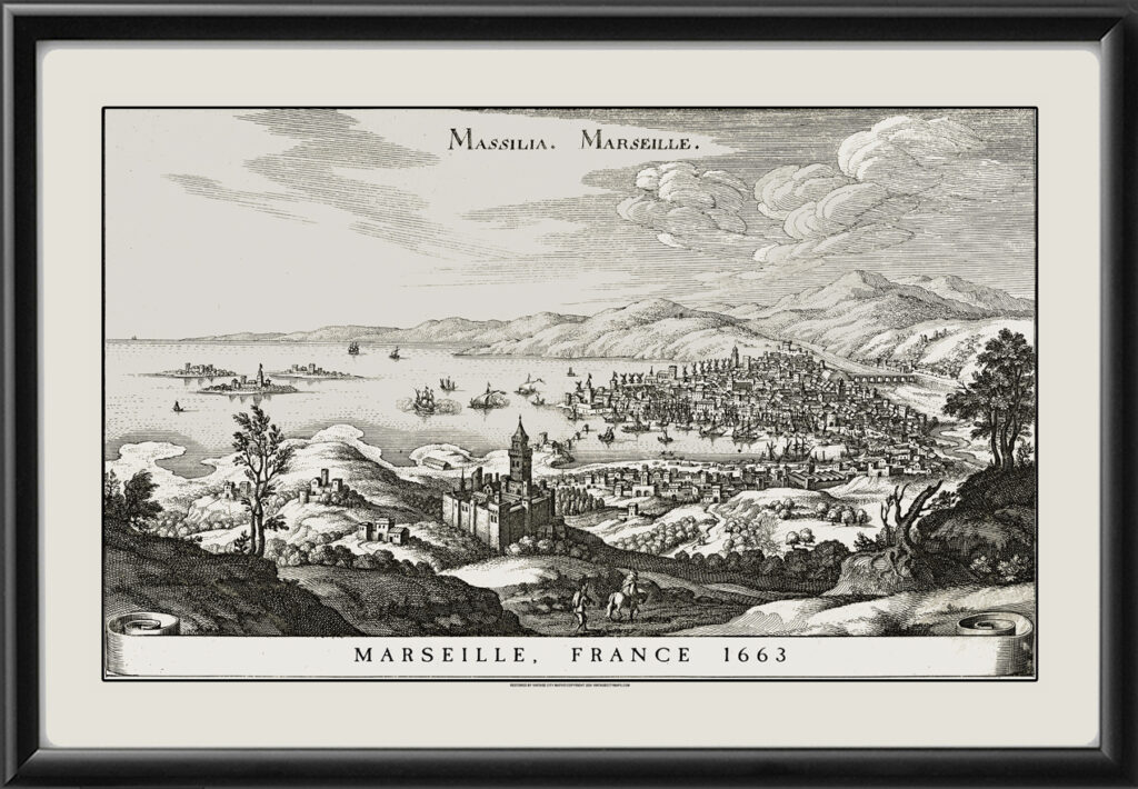 Marseille France 1663 - Restored Bird's Eye View | Vintage City Maps