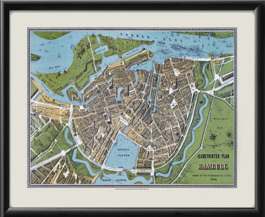 Hamburg Germany 1854 Restored Bird's Eye View Map | Vintage City Maps