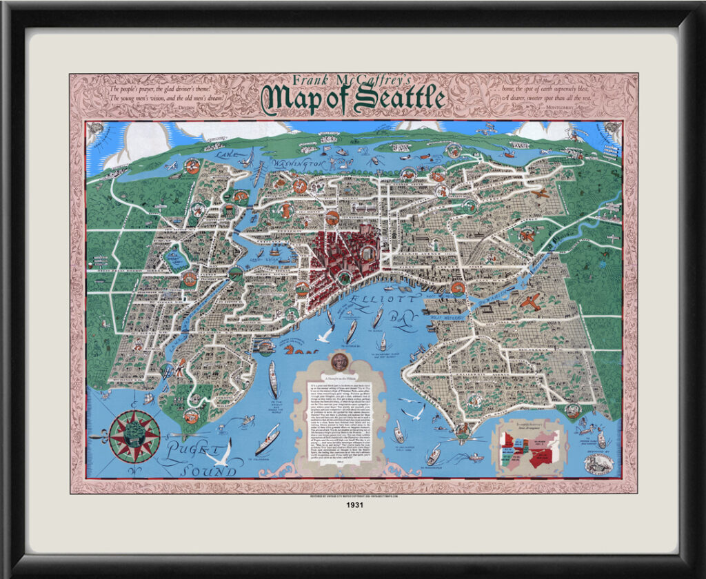 Seattle WA 1931 - Restored Pictorial View Map | Vintage City Maps