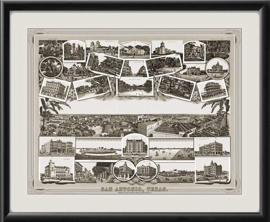 San Antonio TX 1890 Restored Bird's Eye View | Vintage City Maps