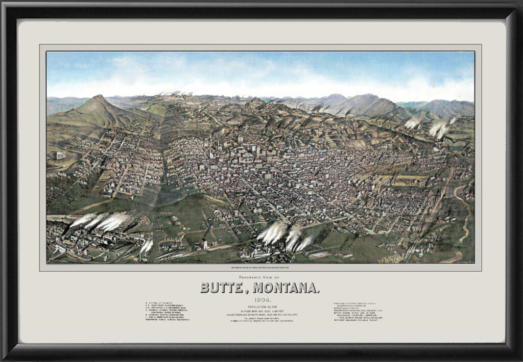 Butte MT 1904 (Color) Restored Bird's Eye View Map | Vintage City Maps