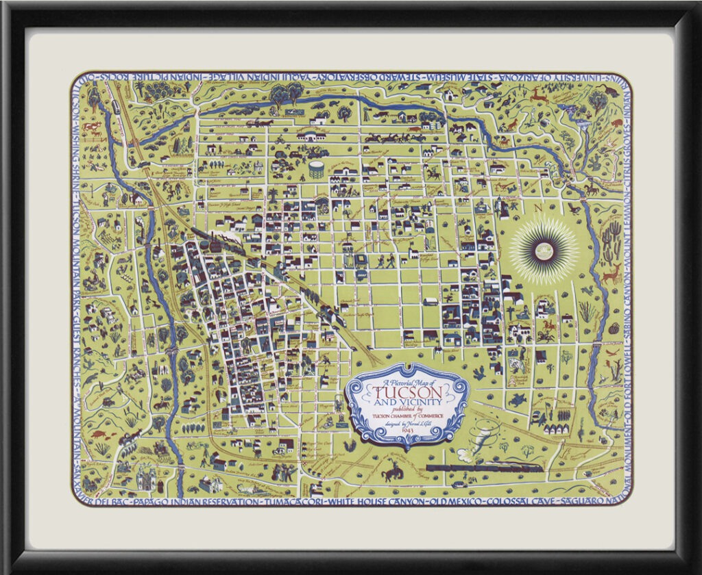 Tucson Arizona 1943 - Restored PIctorial View Map | Vintage City Maps