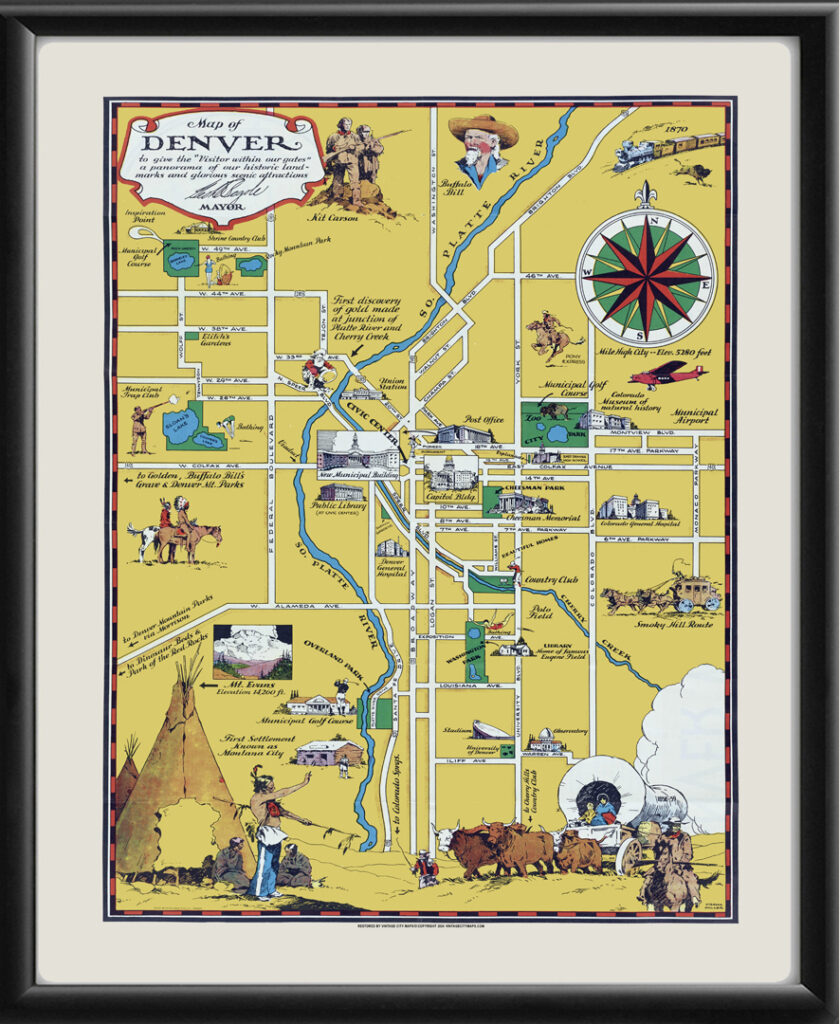 Denver CO 1933 Restored Tourist Map | Vintage City Maps