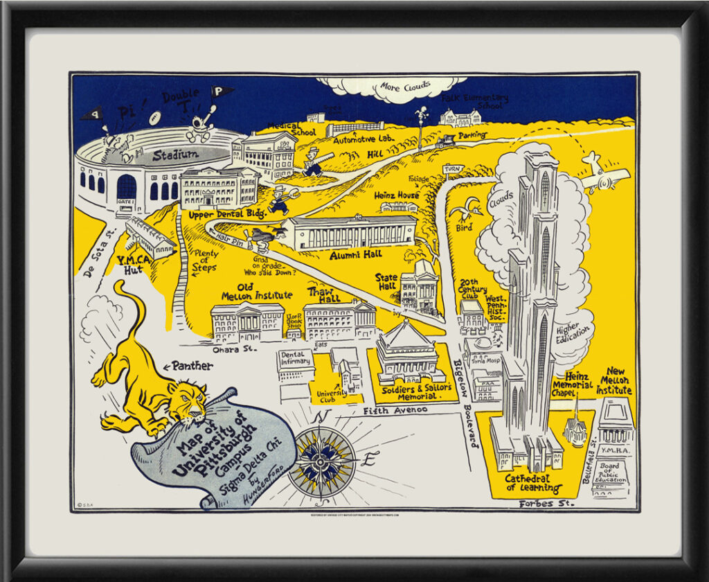 University of Pittsburgh 1935, Restored Bird's Eye View Map | Vintage ...