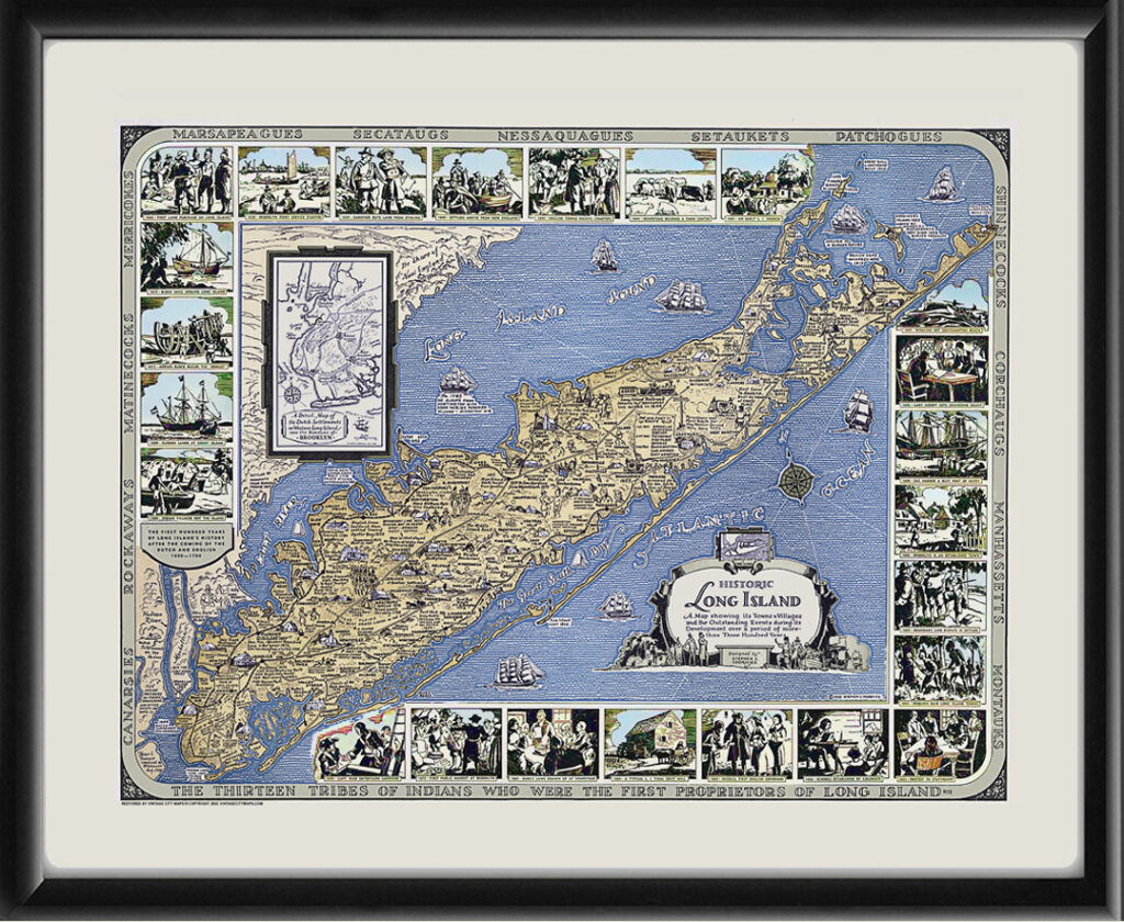 Long Island NY 1936 - Restored Pictorial Bird's Eye View Map | Vintage ...