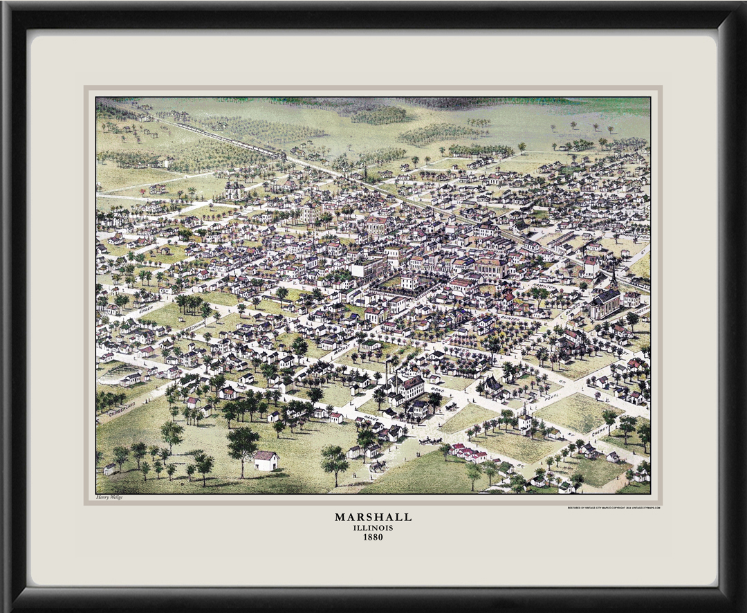 Marshall IL 1880 (Color) - Restored Bird's Eye View Map | Vintage City Maps