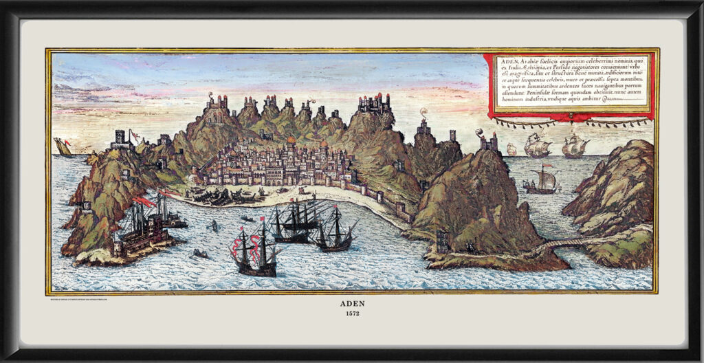 Aden Yemen 1572 - Restored Bird's Eye View | Vintage City Maps