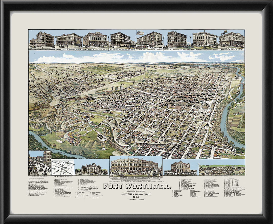 Fort Worth Tx 1886 Color Restored Map Vintage City Maps