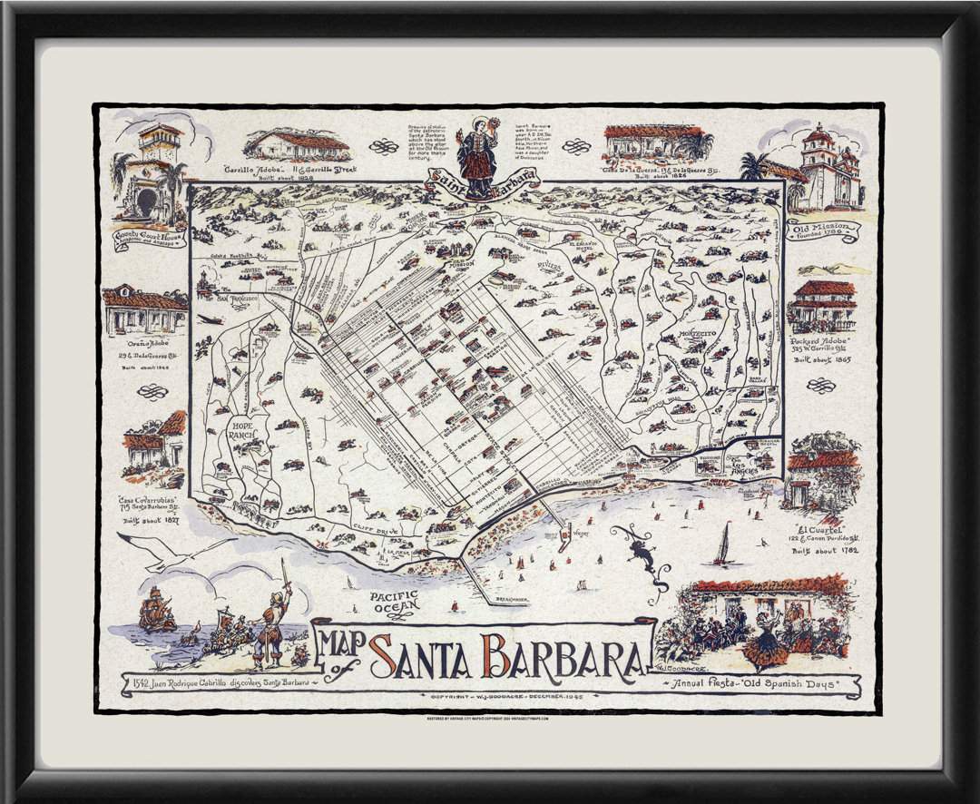Santa Barbara CA 1945 Pictorial Map | Vintage City Maps - Restored Bird ...