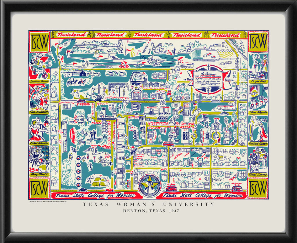 Texas Women's University 1947 - Restored Pictorial Map | Vintage City Maps