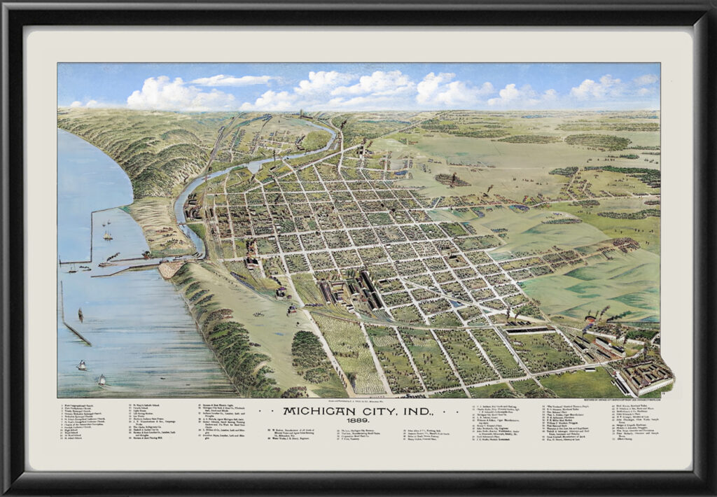 Michigan City IN 1889 (Color) - Restored Bird's Eye View Map | Vintage ...
